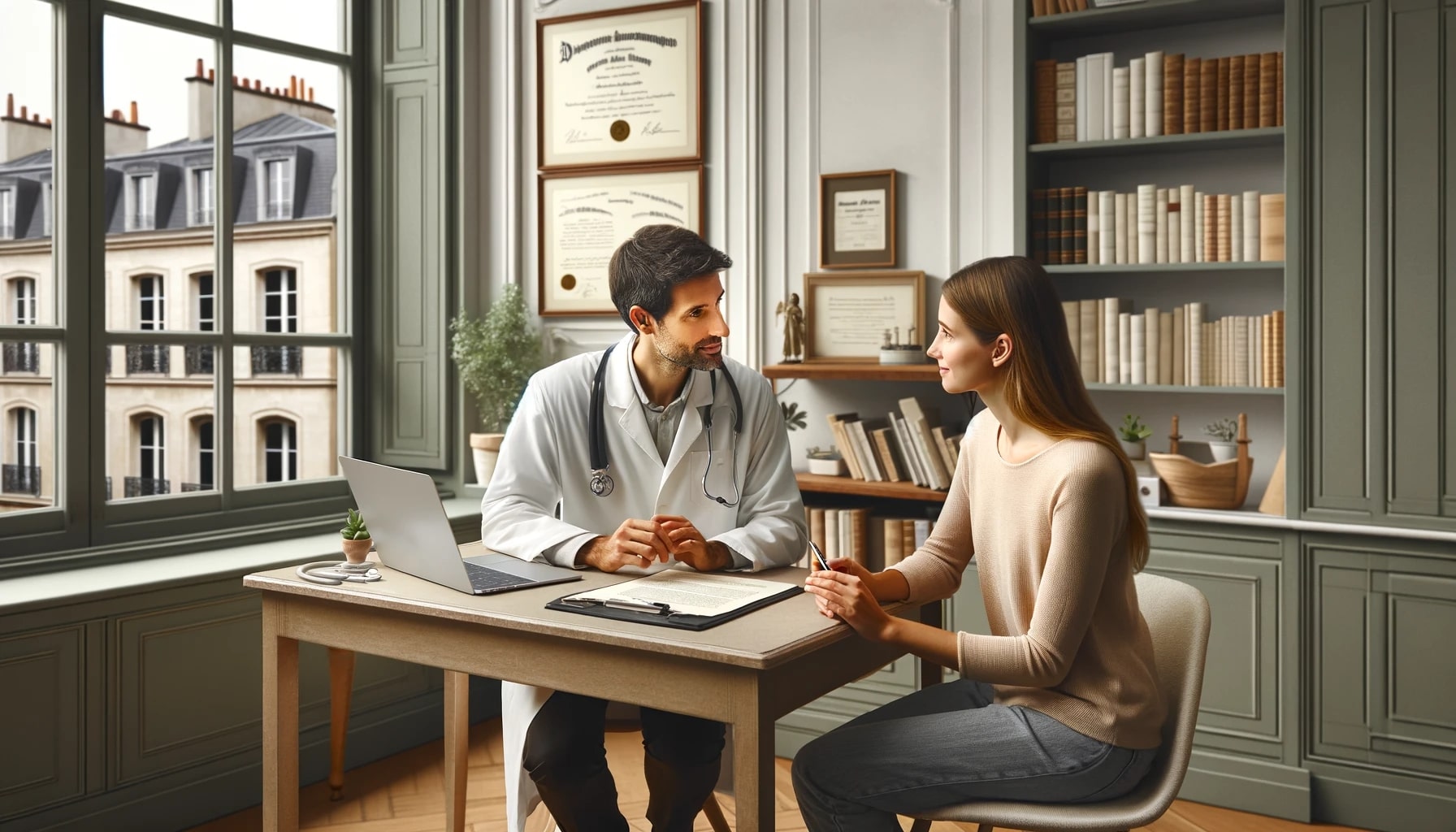 a woman talking to a male doctor in his office. The office has a French ...